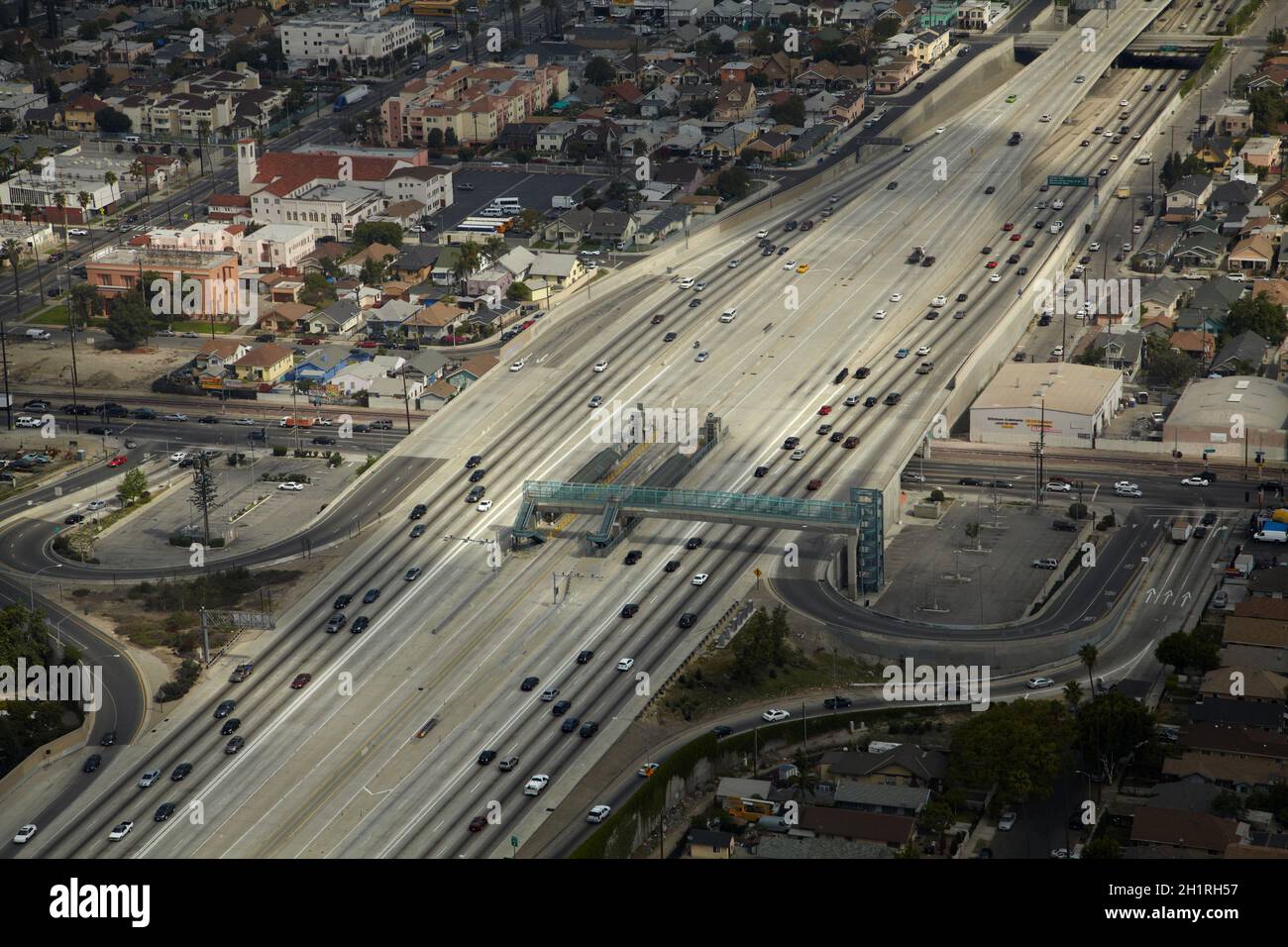 Aerial of Harbor Freeway, Interstate 110 or I-110, and West Manchester ...
