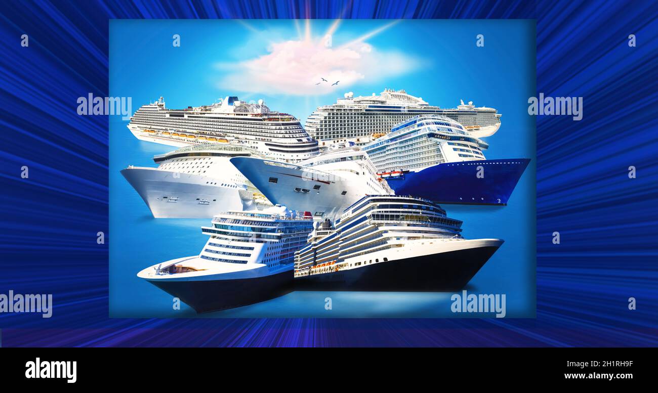 Abstract cruise ships or big liners in open water. Collage about travel ...