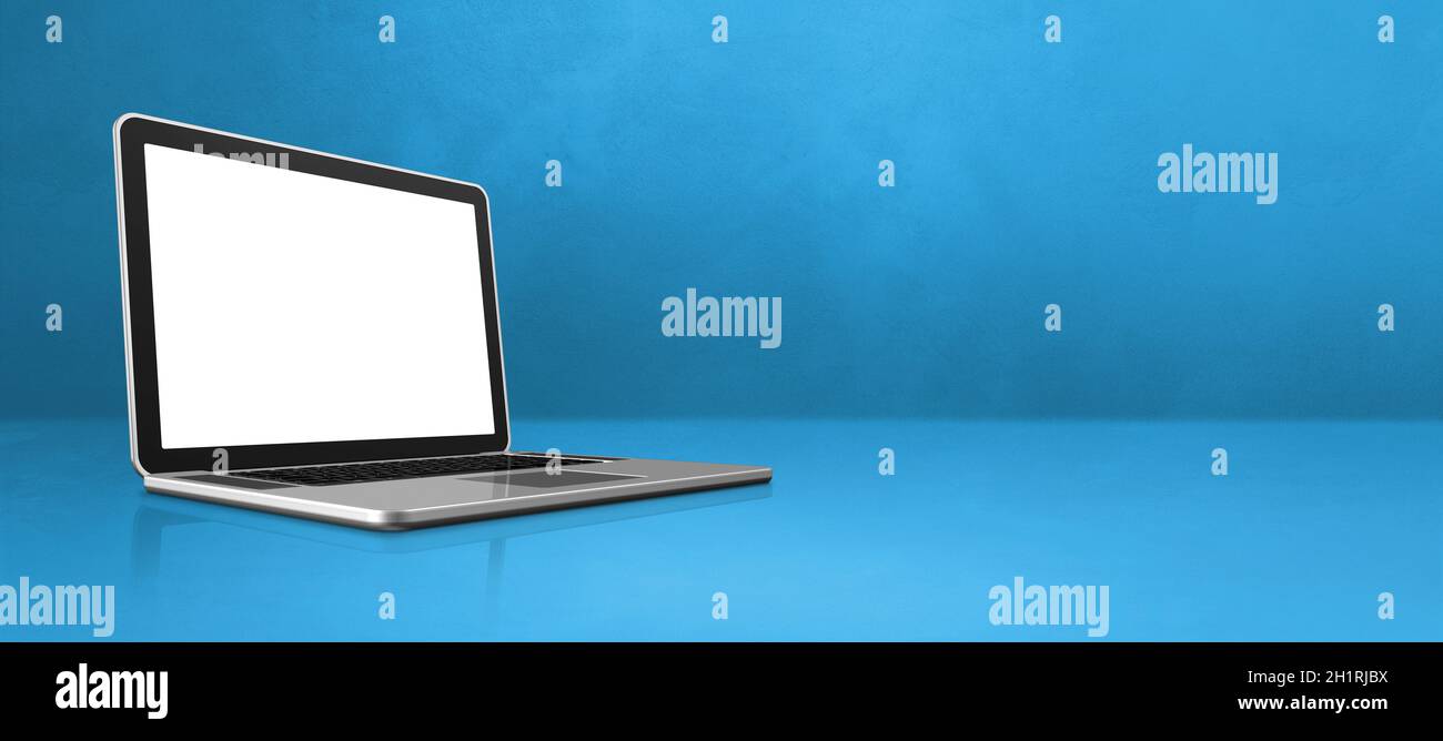 Laptop computer on blue office scene background banner. 3D Illustration ...