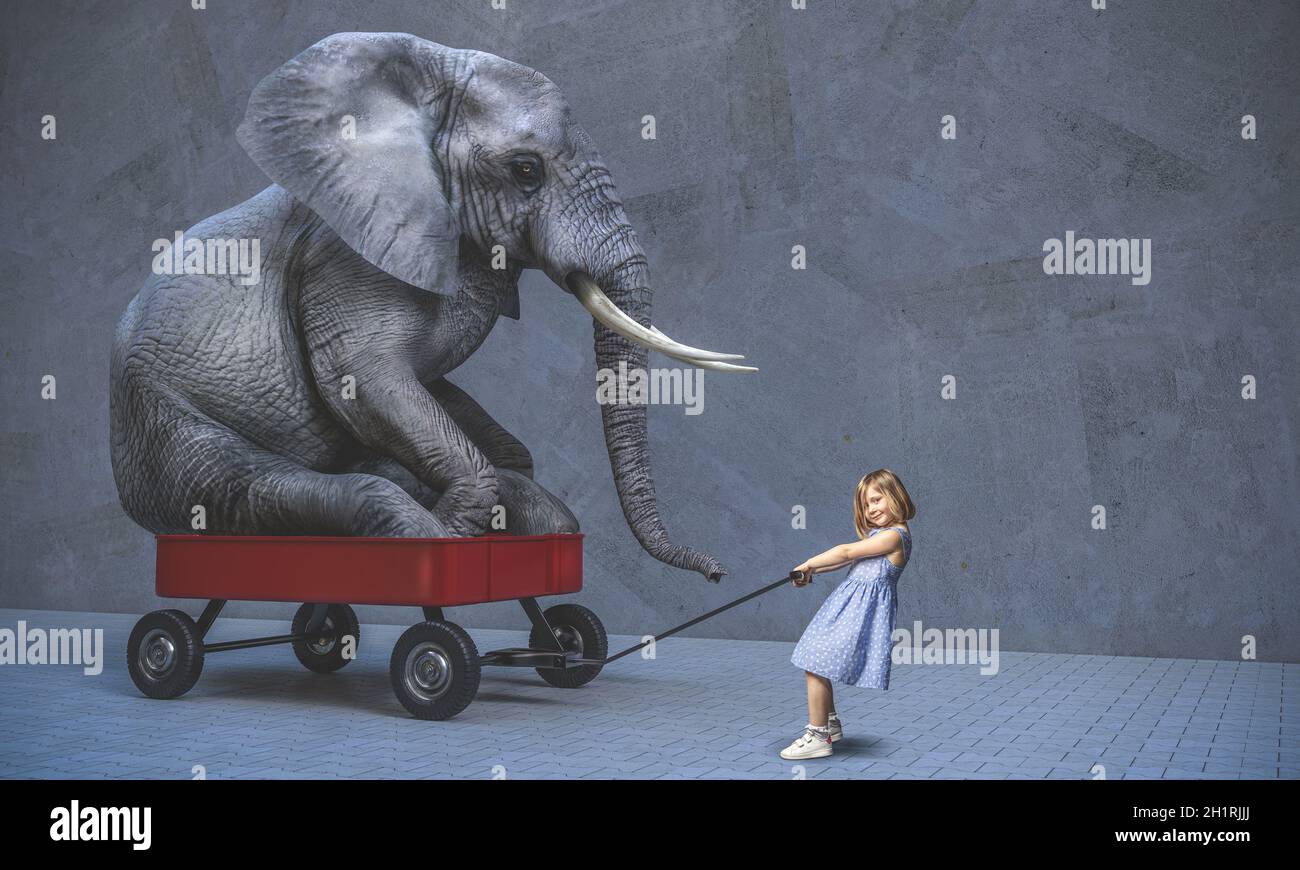 little caucasian girl pulling a cart with a big elephant on it. concept ...