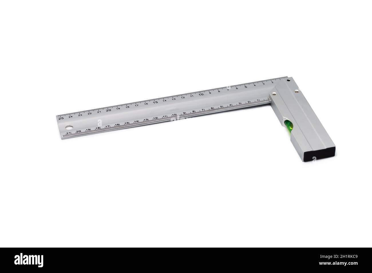 Square measuring metal with a level. Close-up. Isolated on white ...