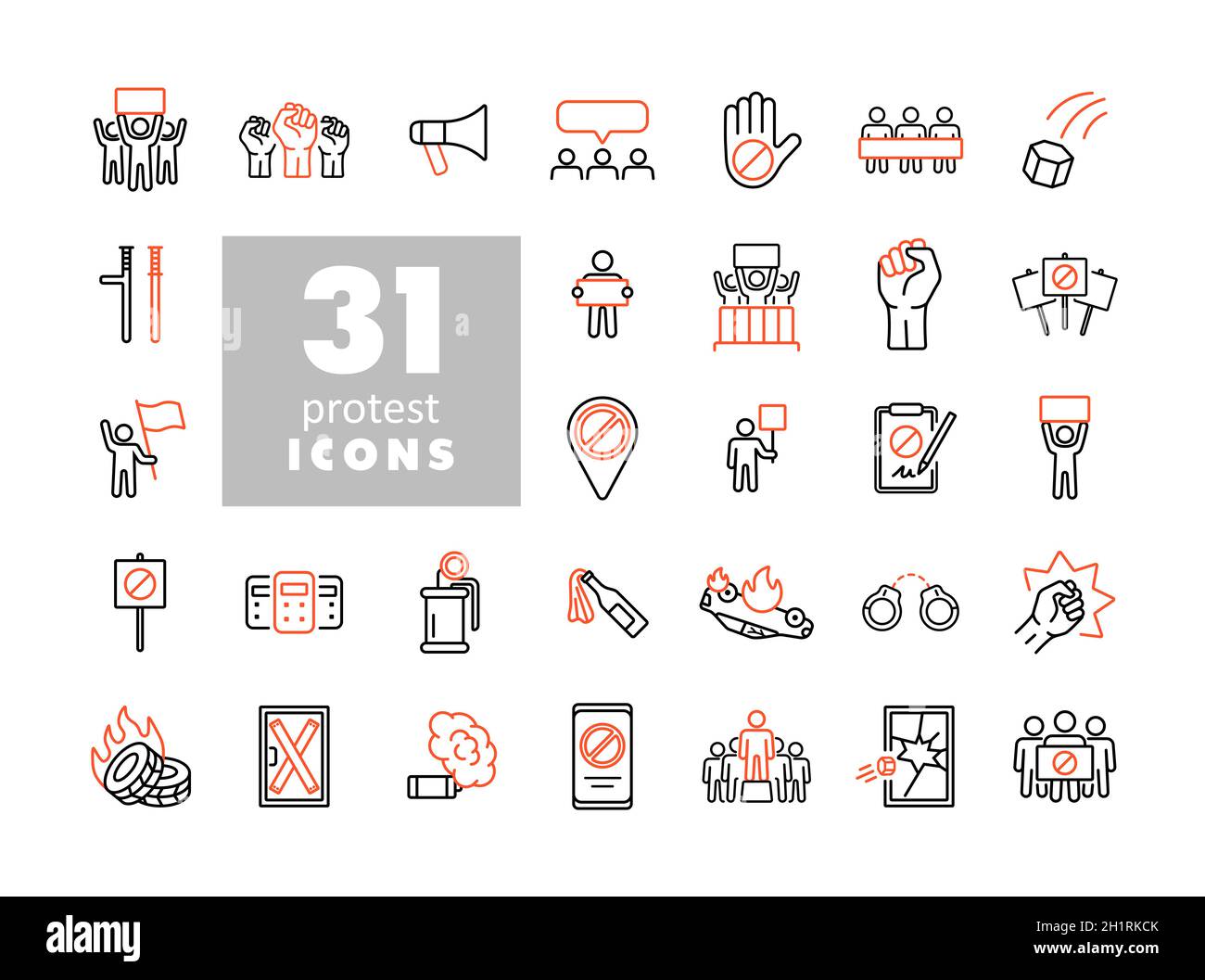 Protest, demonstration, strike, revolution set vector icons. Graph ...