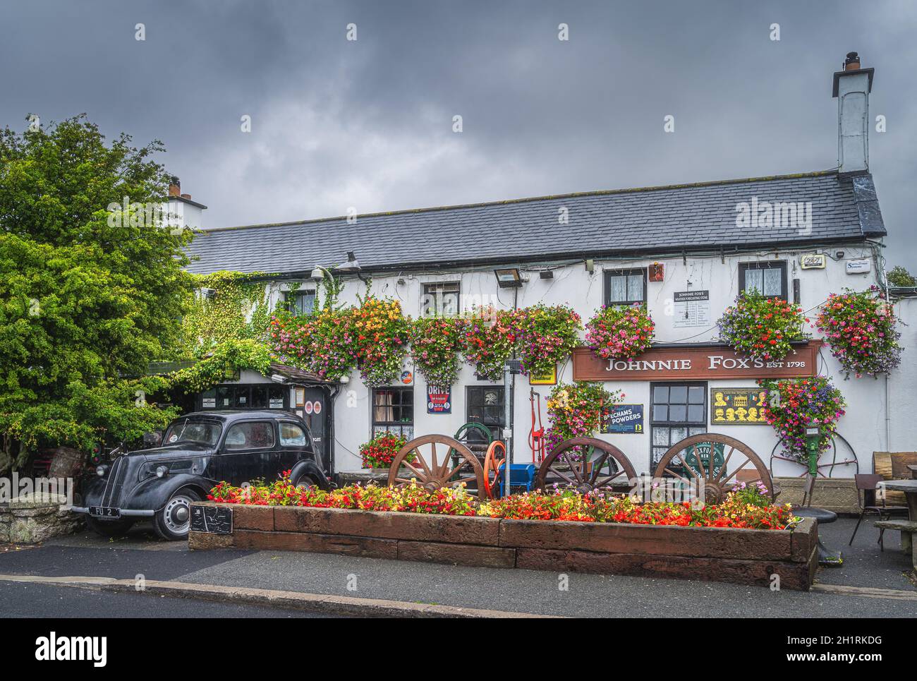 Dublin, Ireland, August 2019 Front view on Johnnie Foxs pub and ...