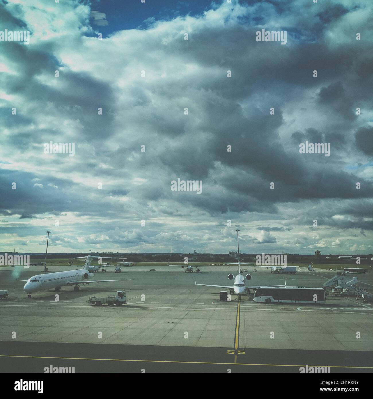 Airport view with aircraft in the parking lot, airplane landing, plane ...