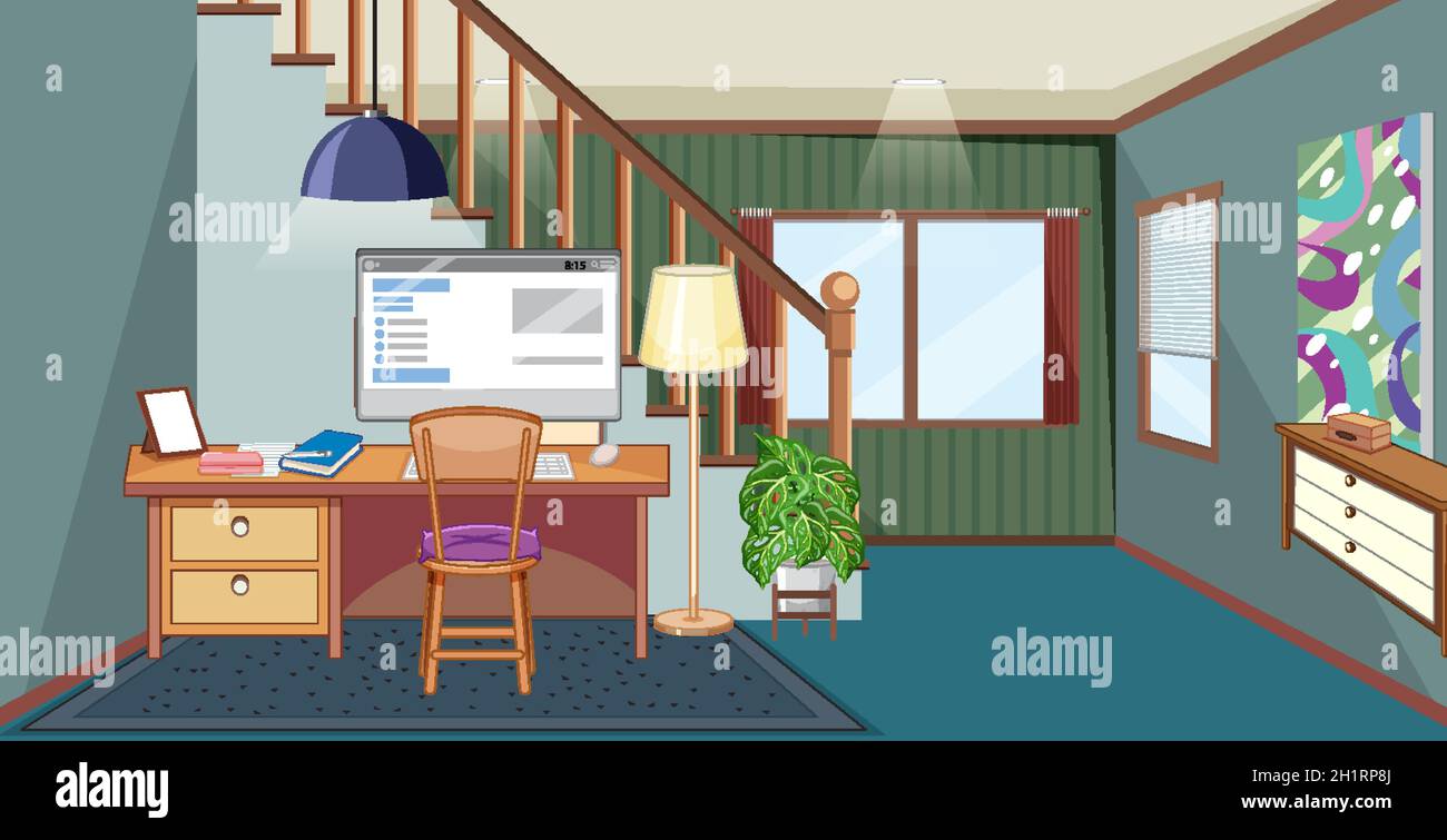 Workroom scene with computer on the table illustration Stock Vector ...