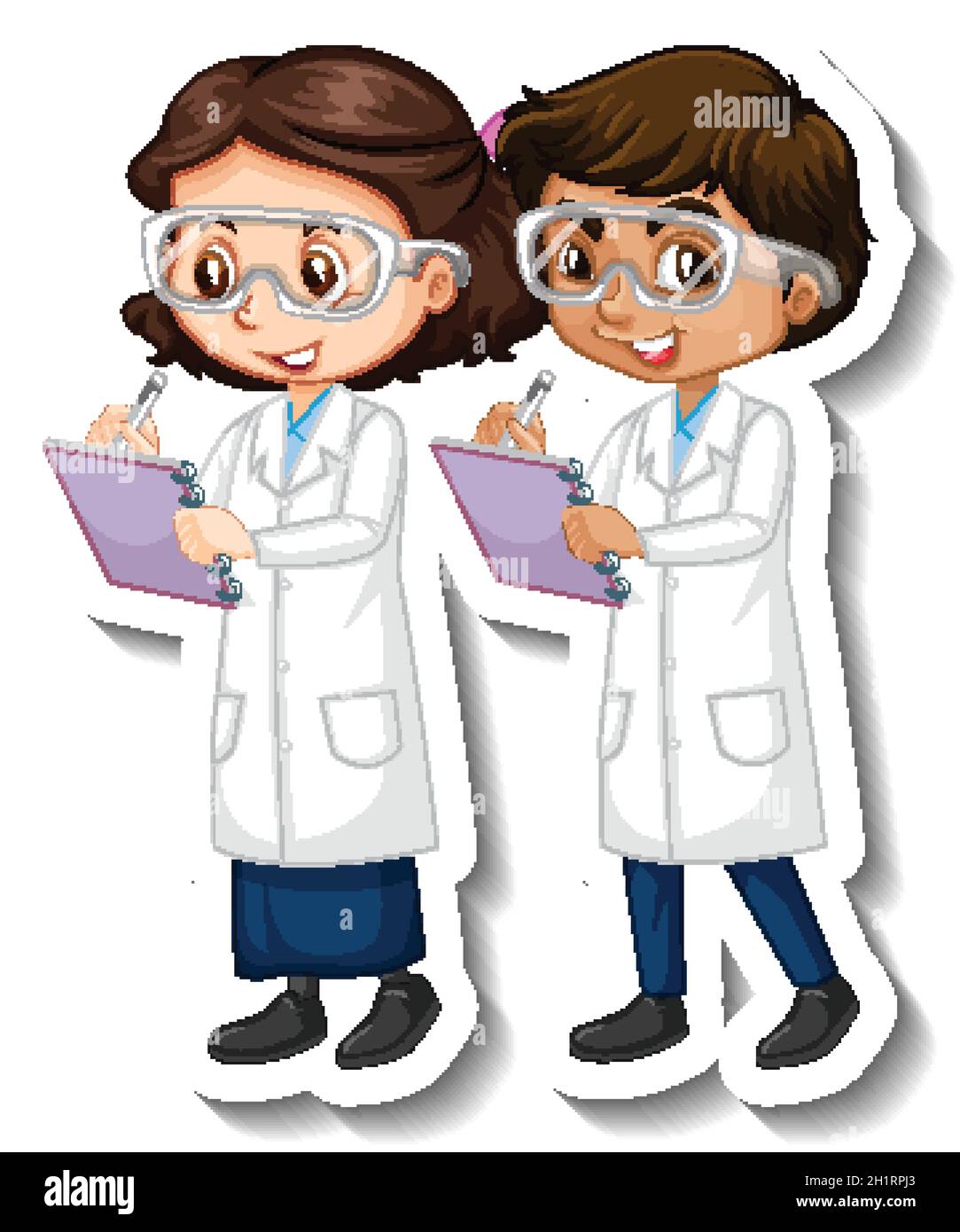 Cartoon character sticker with couple scientists in science gown ...
