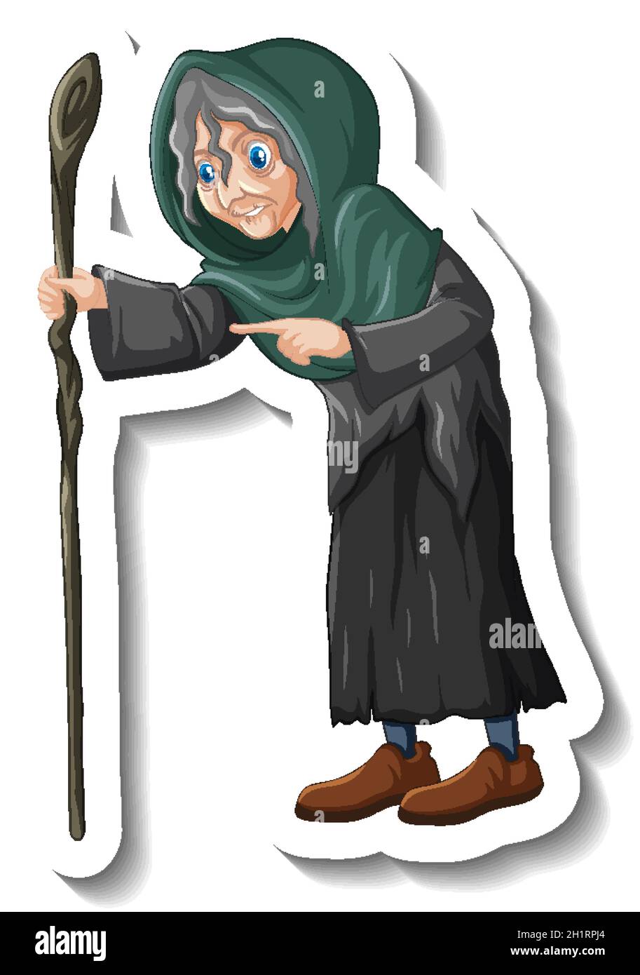 Old witch holding staff cartoon character sticker illustration Stock ...
