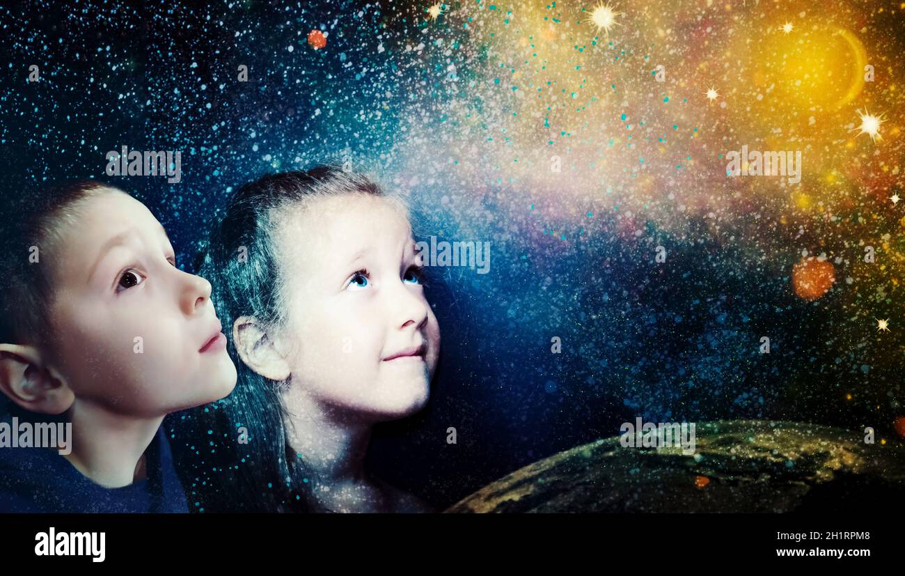 Childhood and dream concept. Conceptual image with girl and boy ...