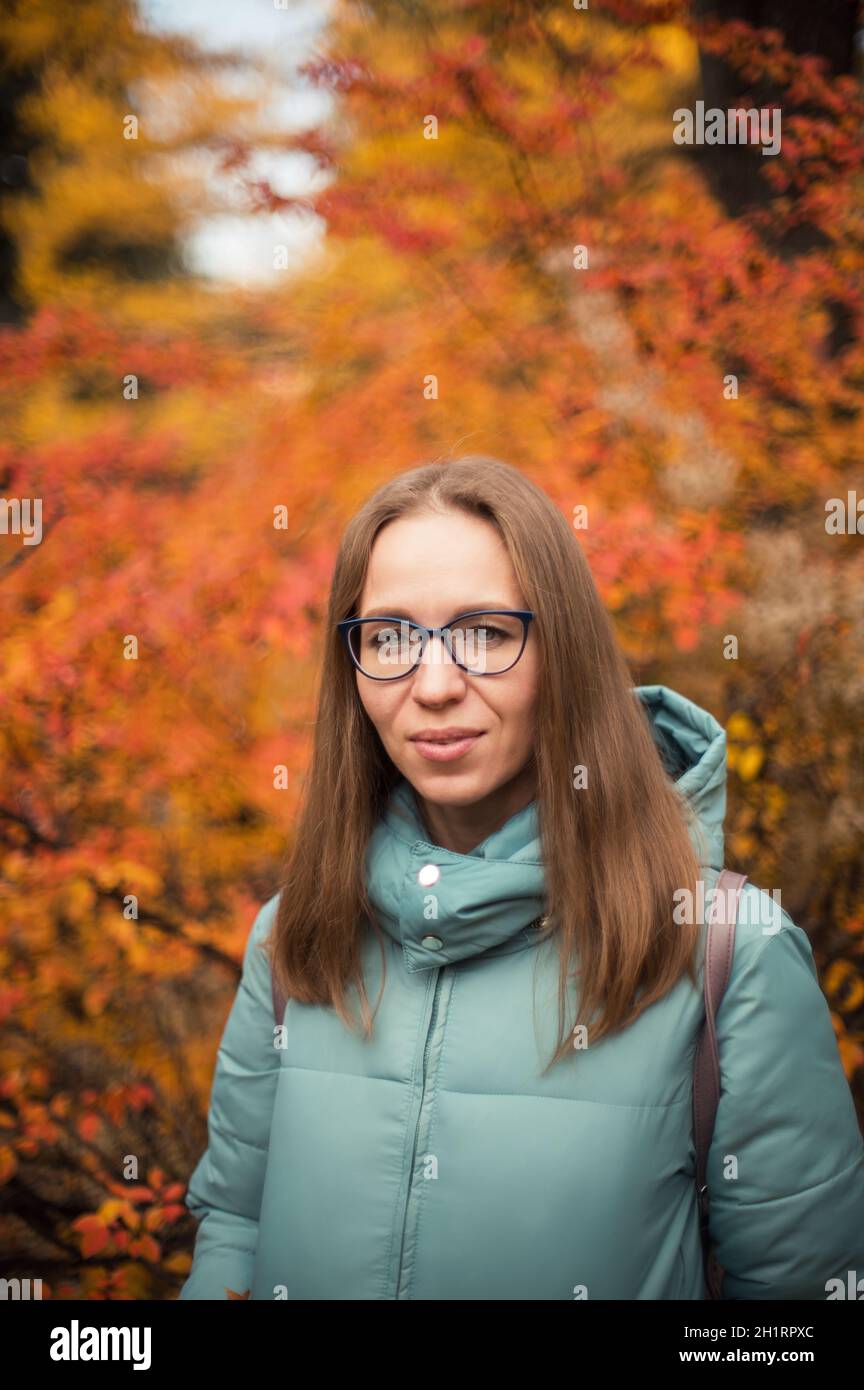 Autumn portrait of beautiful woman on fall nature background Stock ...
