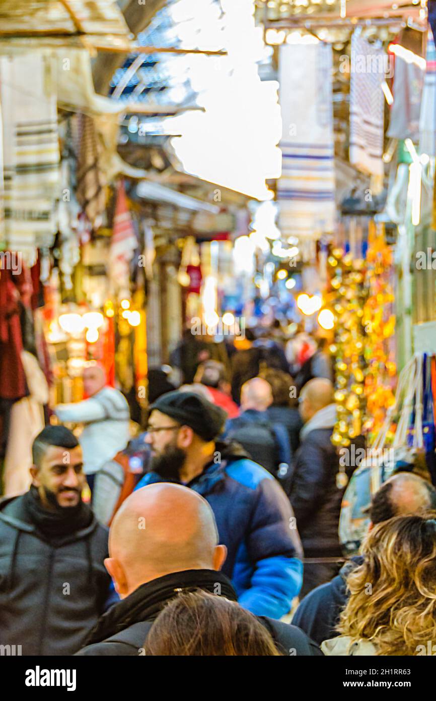 JERUSALEM, ISRAEL, DECEMBER - 2019 - Crowded commercial street at old ...