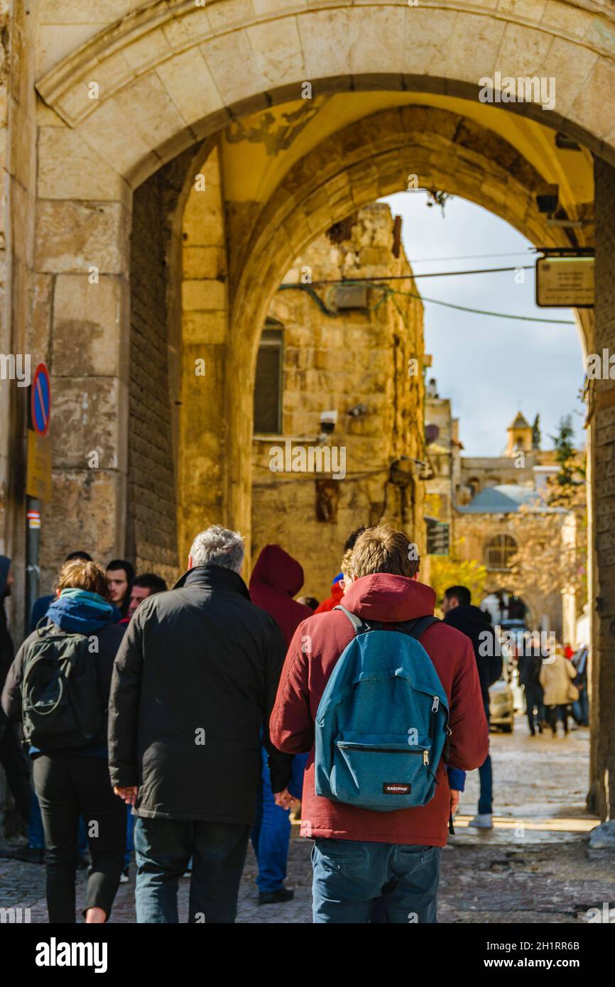 JERUSALEM, ISRAEL, DECEMBER - 2019 - Crowded street at old jerusalem ...