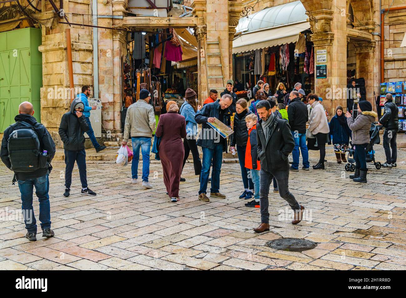 JERUSALEM, ISRAEL, DECEMBER - 2019 - Crowded commercial street at old ...