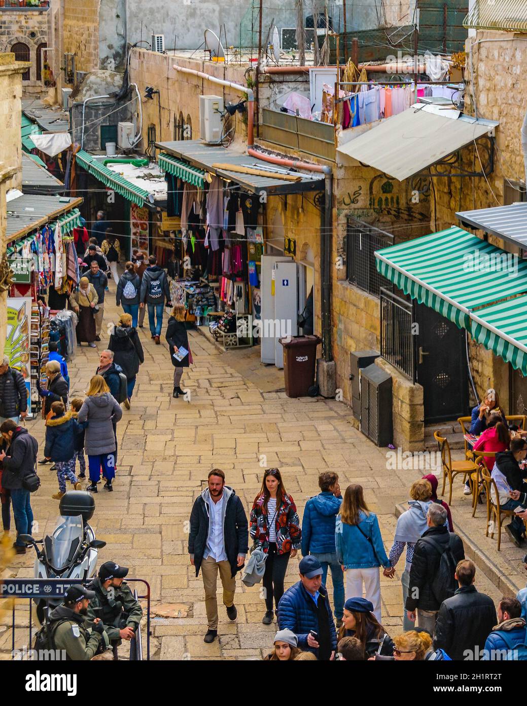 JERUSALEM, ISRAEL, DECEMBER - 2019 - Crowded commercial street at old ...