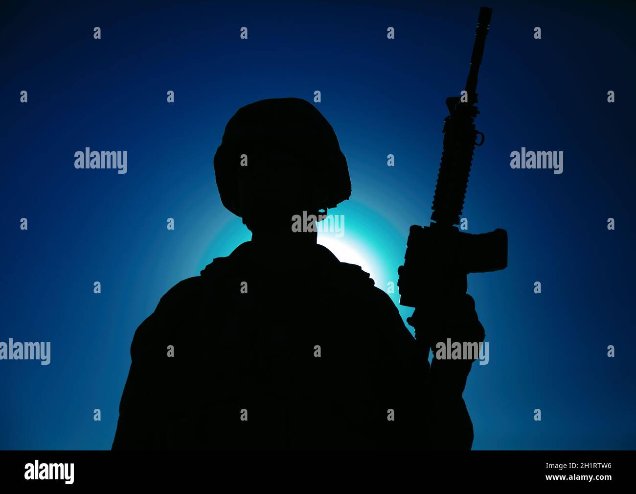 Night silhouette of army special operations forces soldier standing ...