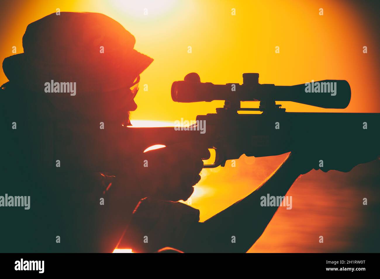 Commando team sniper, army special forces shooter aiming, shooting ...