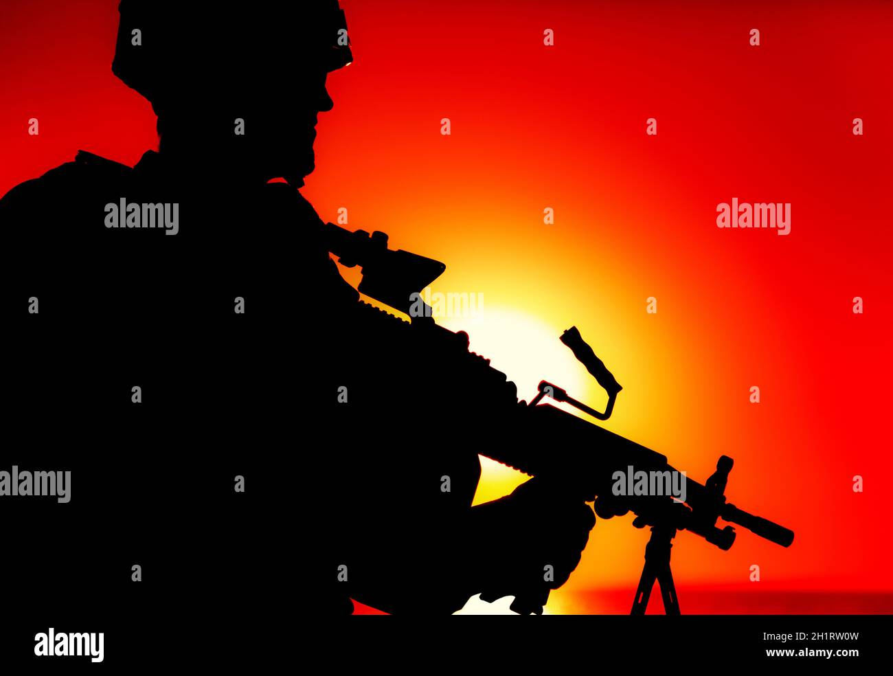 Silhouette of army infantry soldier, commando in combat helmet, armed ...