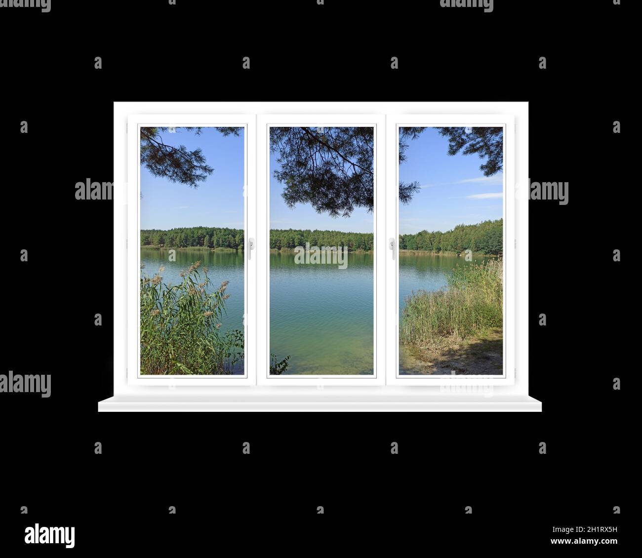 Room with big window with panoramic view to forest lake. Landscape with ...