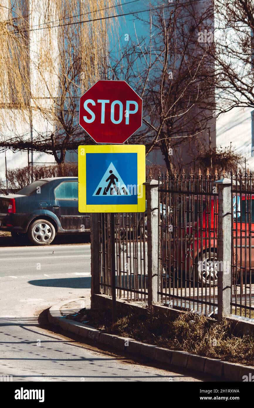 Traffic signs in Romania. Sunny day. Close up Stock Photo - Alamy