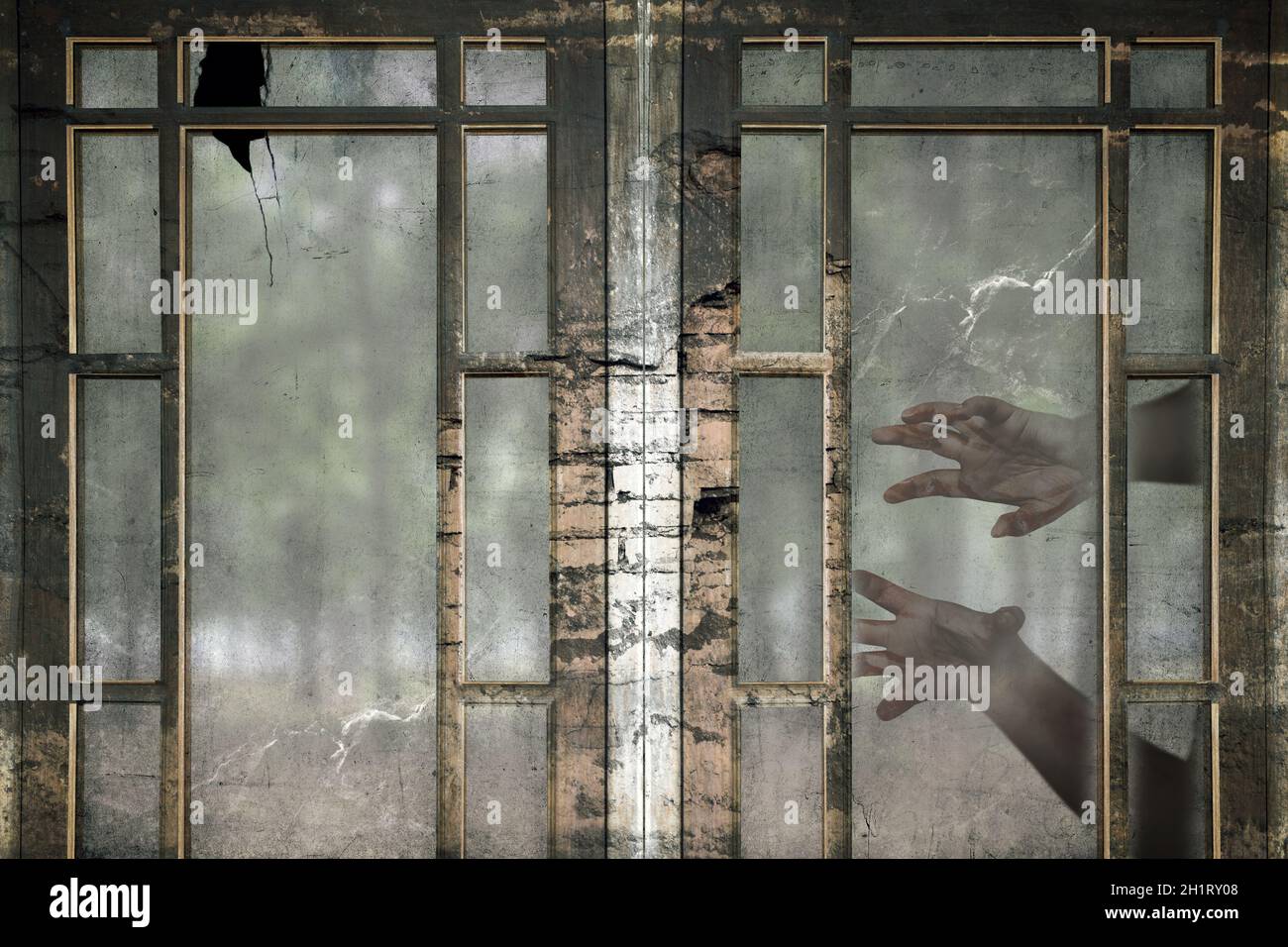 Zombie hand with blood and wound outside the window Stock Photo - Alamy