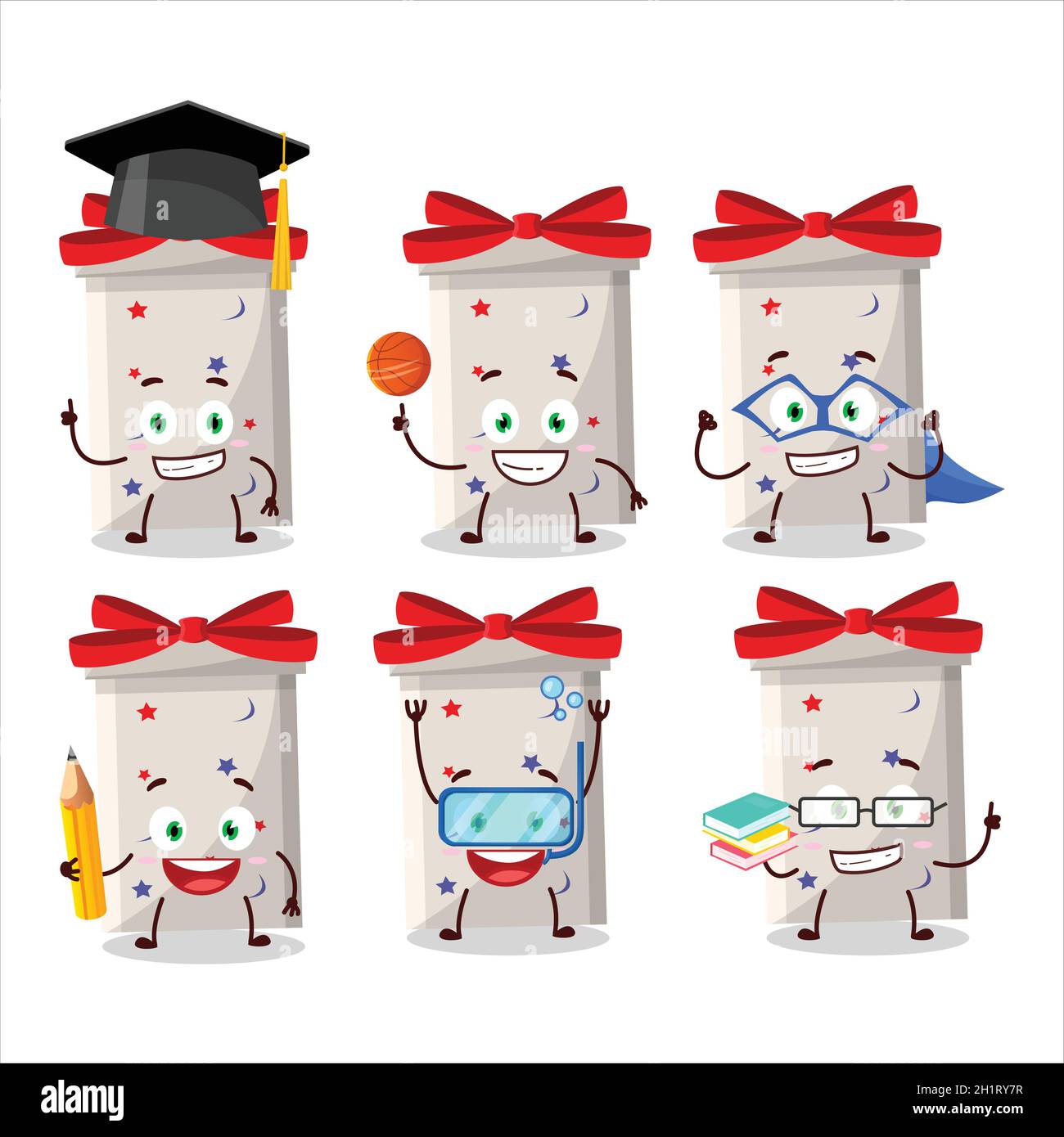 School student of white long gift box cartoon character with various ...
