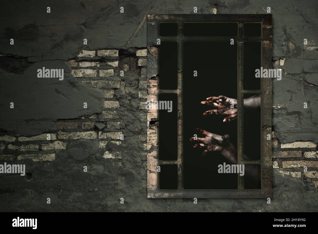 Zombie hand with blood and wound behind the window Stock Photo - Alamy