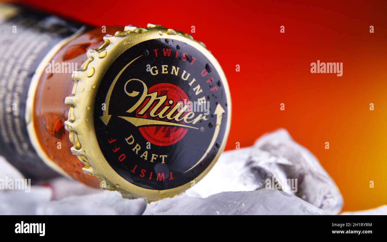 POZNAN, POL - FEB 25, 2021: Crown cap on a Miller Genuine Draft bottle ...
