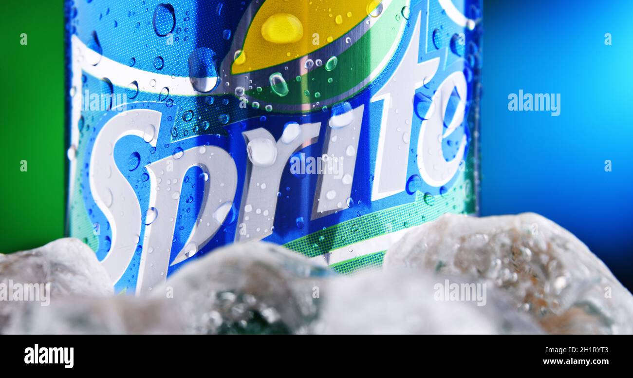 POZNAN, POL - FEB 25, 2021: Can of Sprite, a brand of soft drink ...