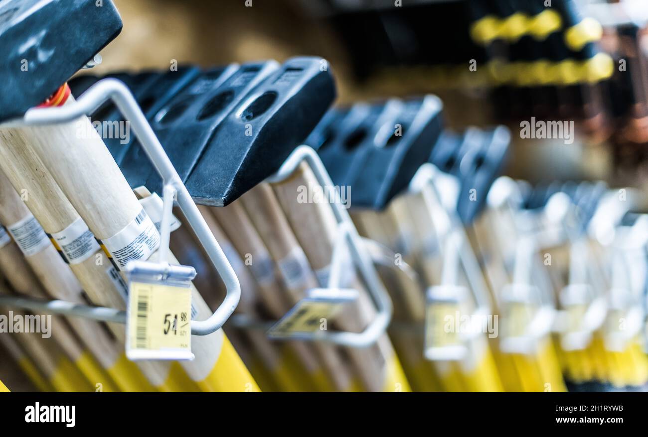 Hammers presented in a hardware store Stock Photo - Alamy