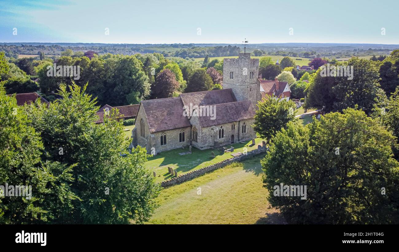 Aerial view of St Mary's and All Saints church in the village of Boxley ...