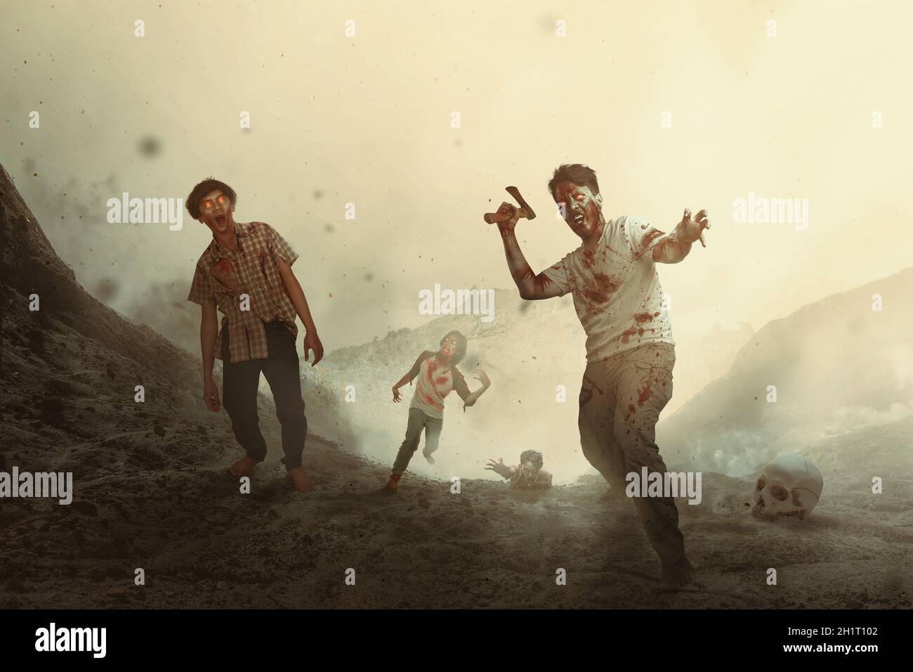 Scary zombies with blood and wound on his body walking on the hills ...