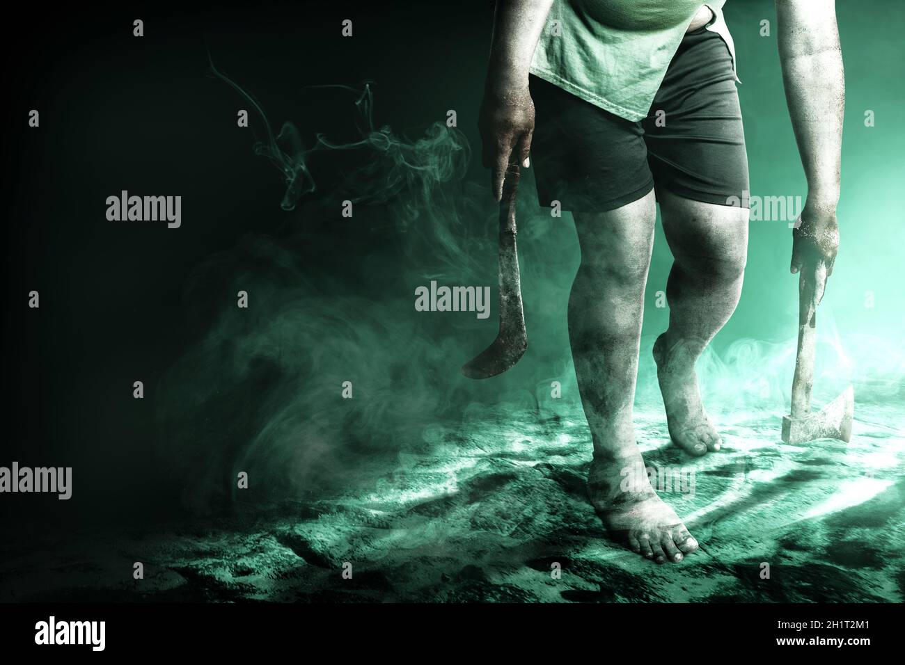 Scary zombie with blood and wound on his body holding ax and sickle ...