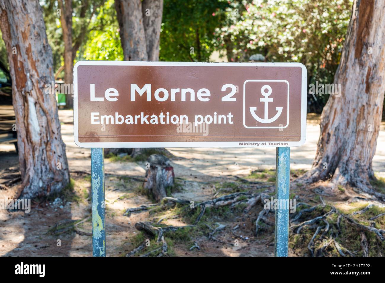 Le Morne 2 Embarkation point sign in the Le Morne Beach, Mauritius ...