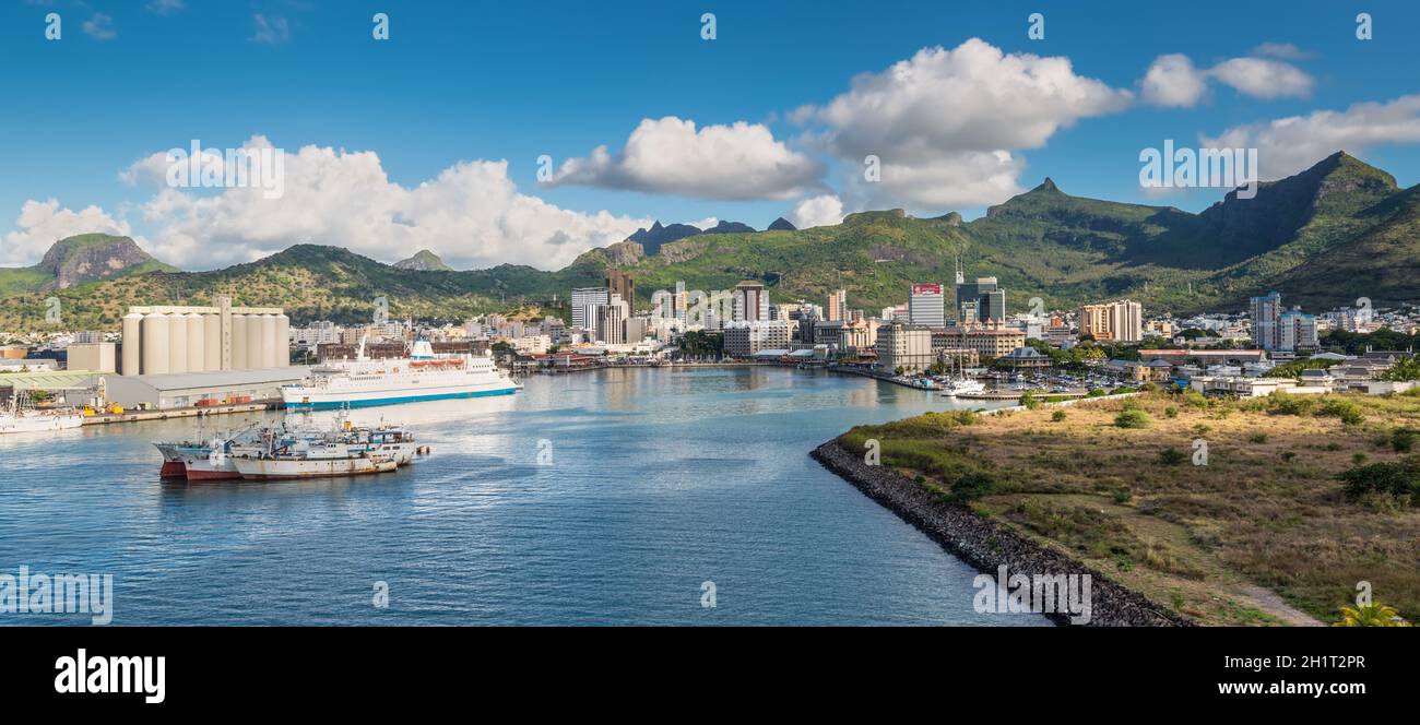 Port Louis, Mauritius - December 12, 2015: Panoramic view of the Bay of ...