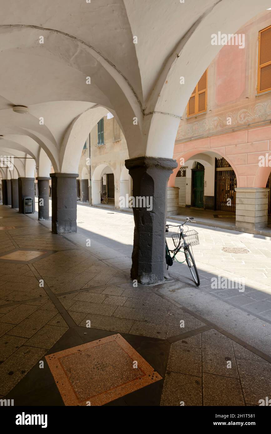 arches and stone pillars at old medieval covered walkway, shot at ...