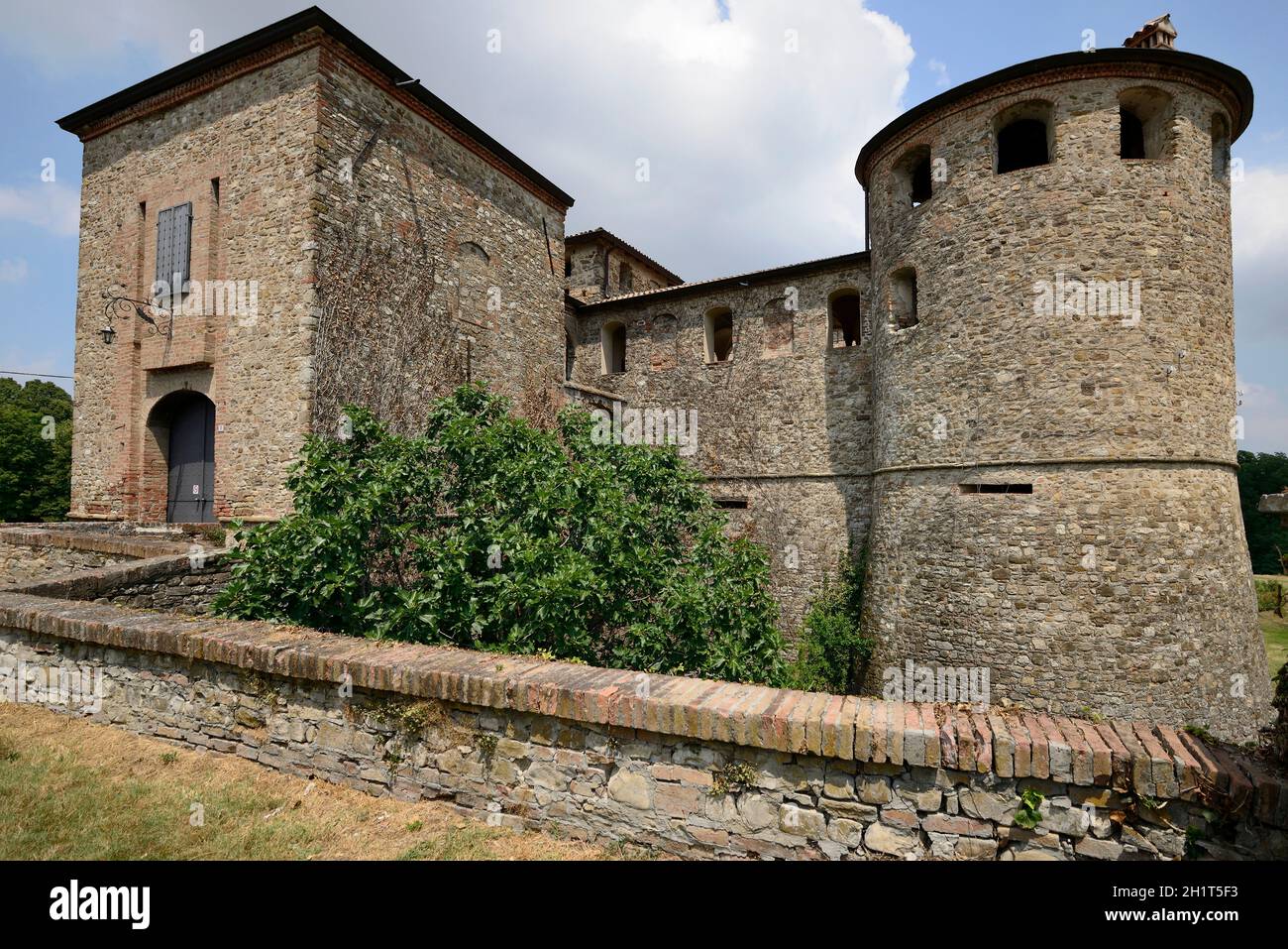 foreshortening of ancient medieval stone fortification, shot from the ...