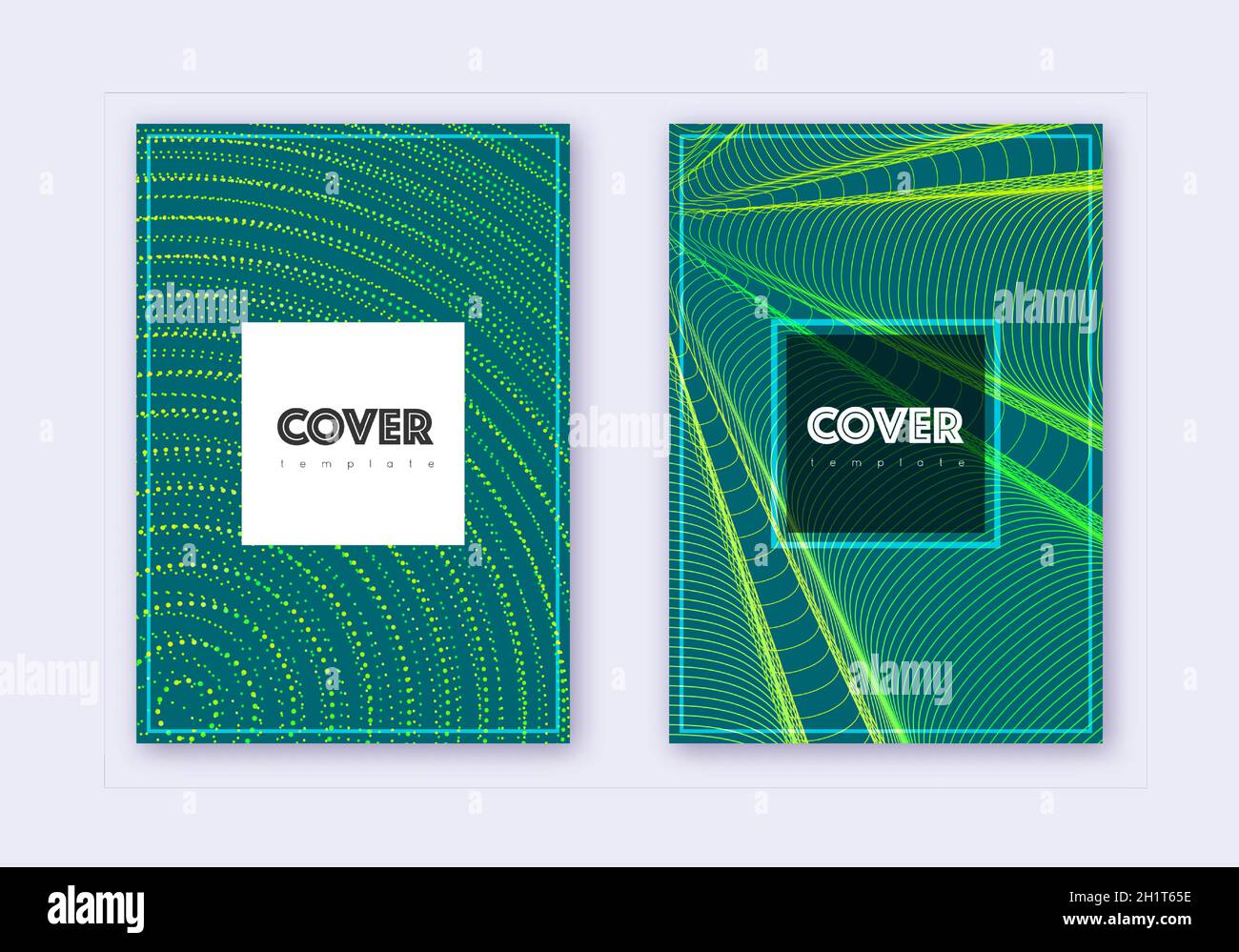 Hipster cover design template set. Green abstract lines on dark ...