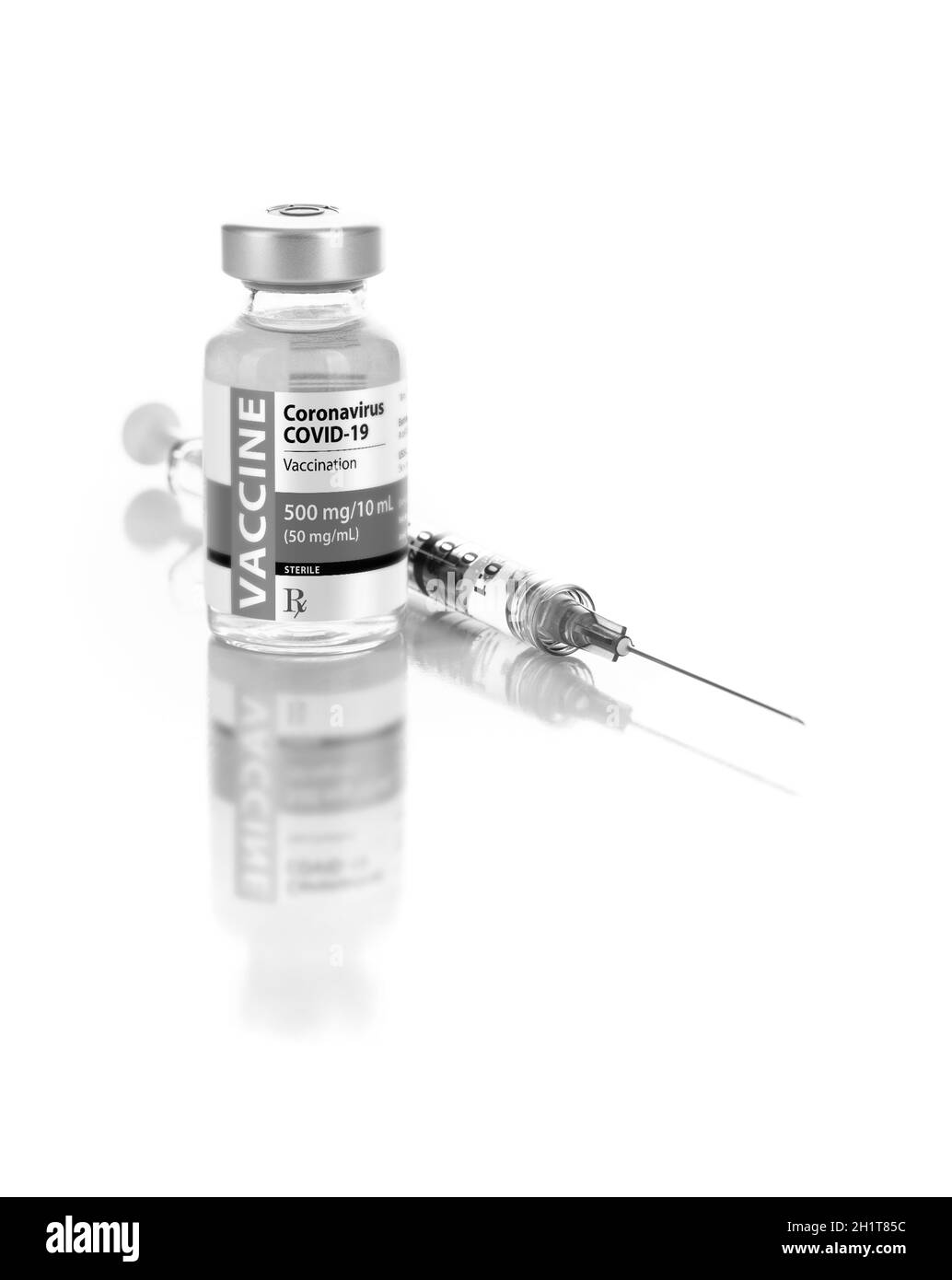 Coronavirus COVID-19 Vaccine Vial and Syringe On Reflective White ...