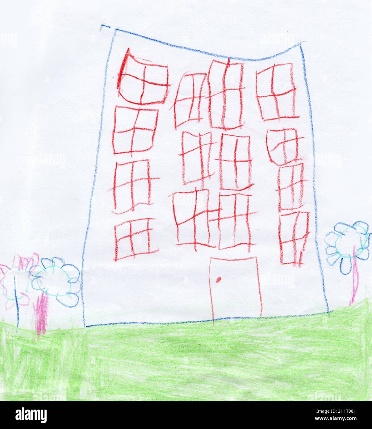 Children's drawing of multi-storey building drawn in pencils. Pencil ...