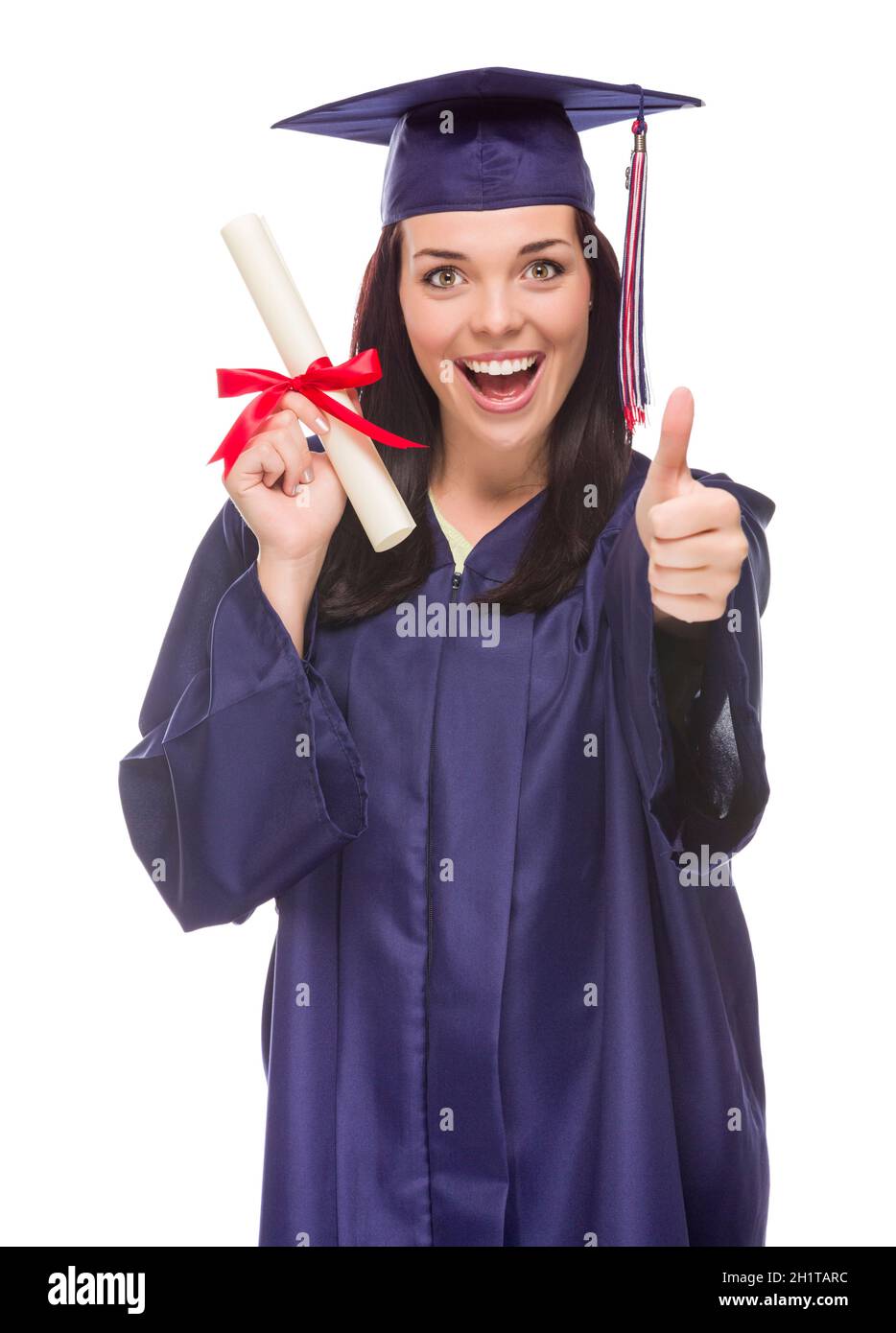 Happy Graduating Mixed Race Female Wearing Cap and Gown with Her ...