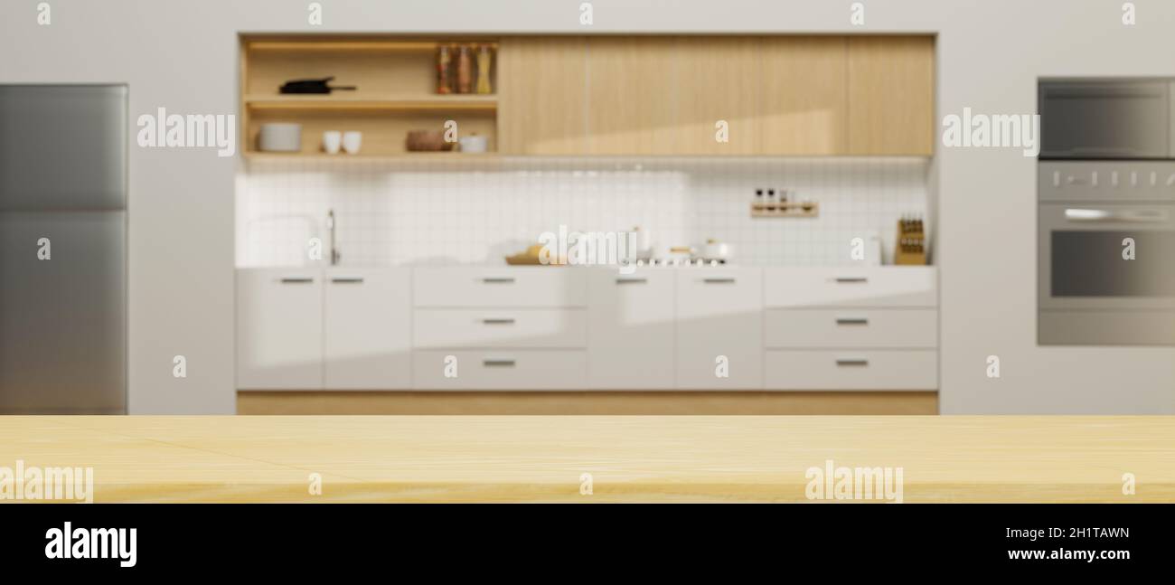 Empty wooden tabletop for montage over spacious modern contemporary ...
