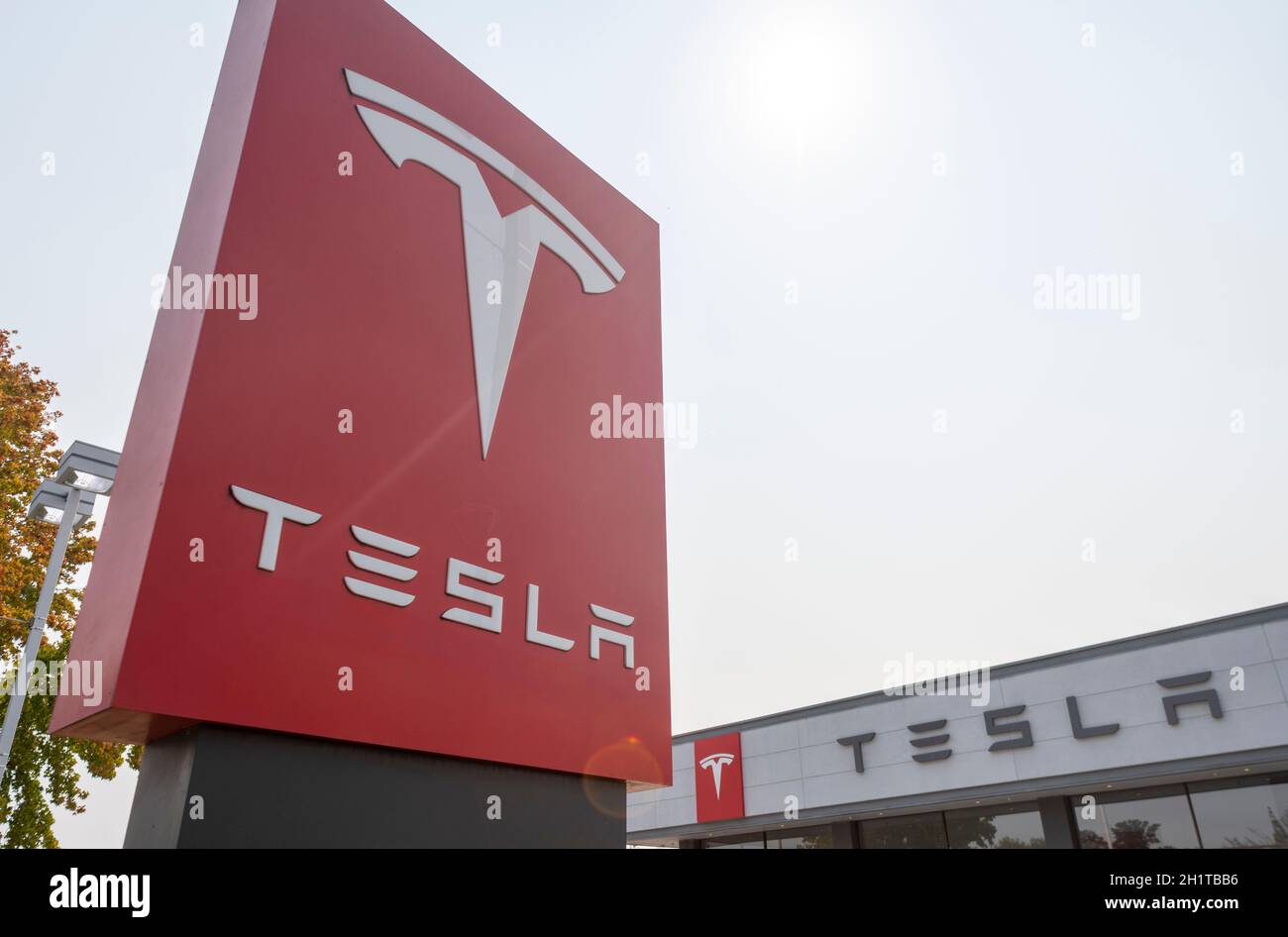 Tesla sign is seen at a store in Sunnyvale, California, United States ...