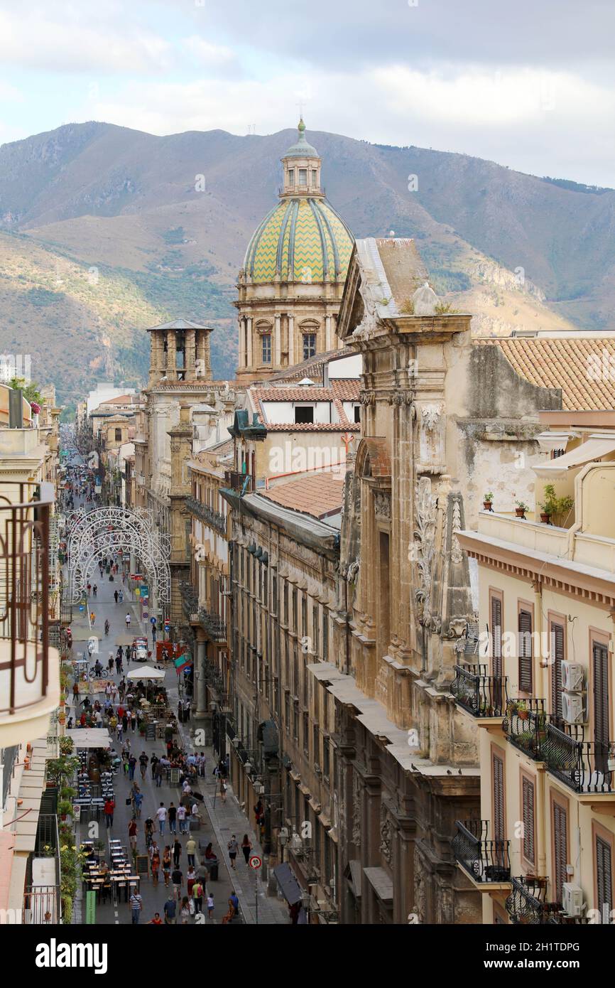 PALERMO, ITALY - JULY 4, 2020: View from top of Via Maqueda street in ...