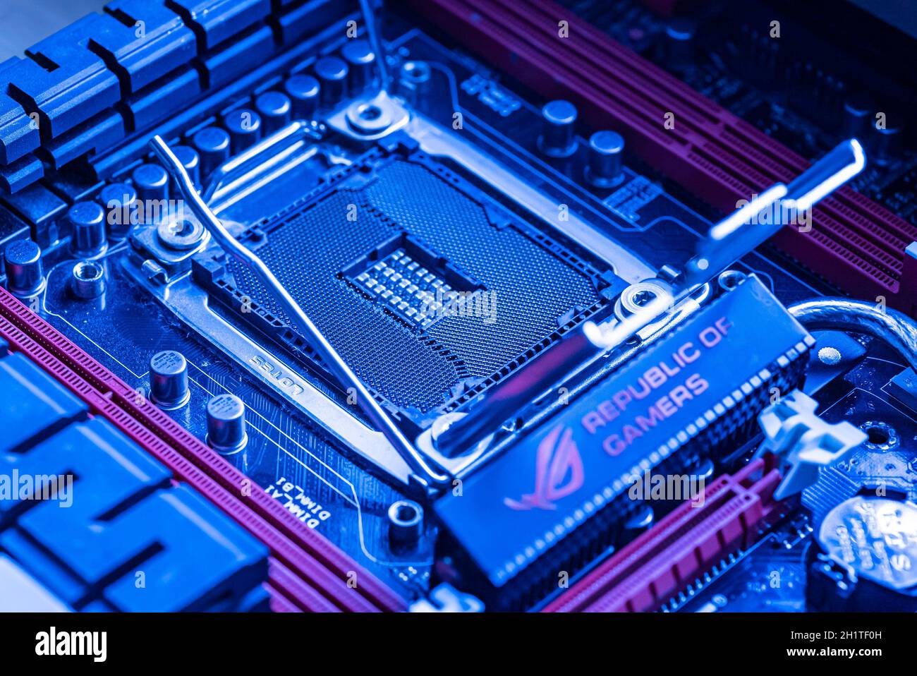 LOS ANGELES, USA 25 APRIL 2021: Detail of a Cpu socket in a motherboard ...