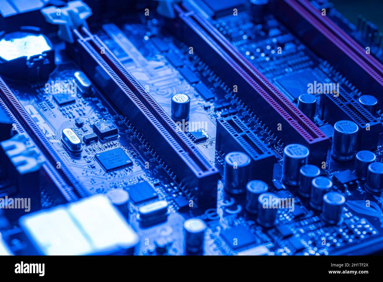LOS ANGELES, USA 25 APRIL 2021: Pcie slot detail n a motherboard of a ...