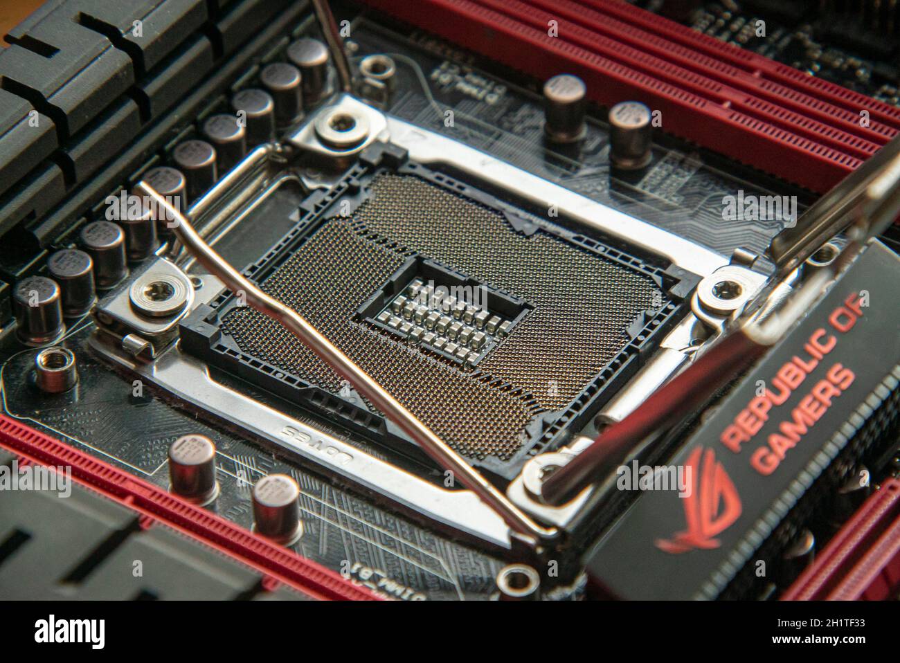 LOS ANGELES, USA 25 APRIL 2021: Detail of a Cpu socket in a motherboard ...