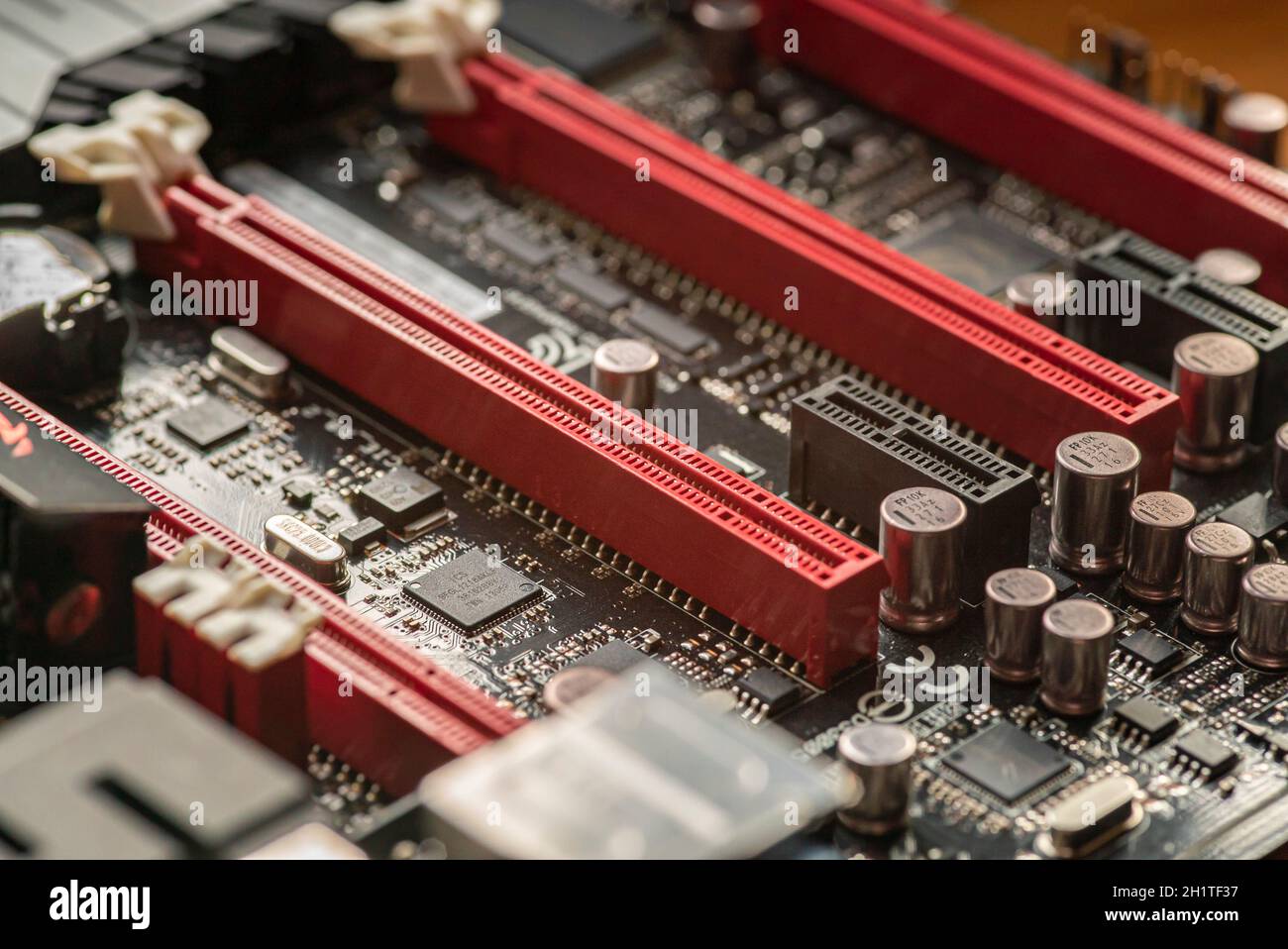LOS ANGELES, USA 25 APRIL 2021: Pcie slot detail n a motherboard of a ...