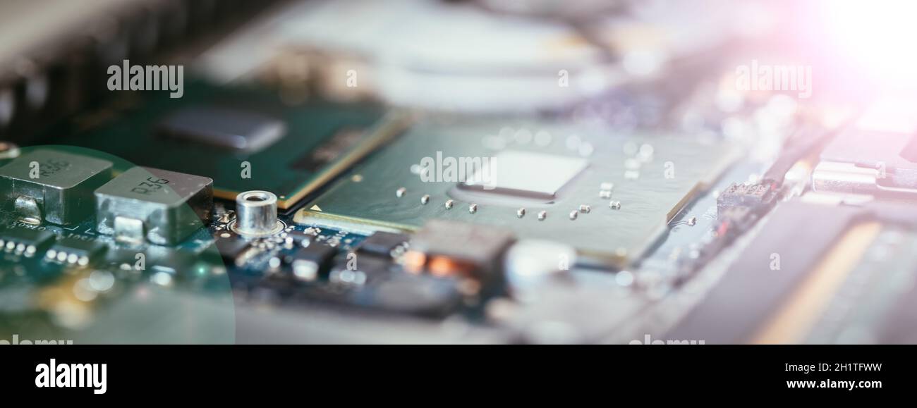Computer chip on a circuit board, close up with light effect. Computer ...