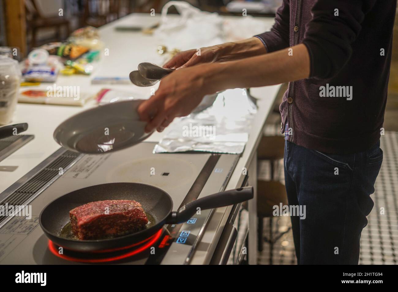 Cooking landscape of roast beef. Shooting Location: Yokohama-city ...