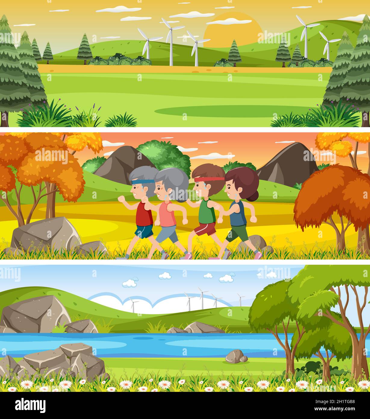 Outdoor panorama landscape scene set with cartoon character ...