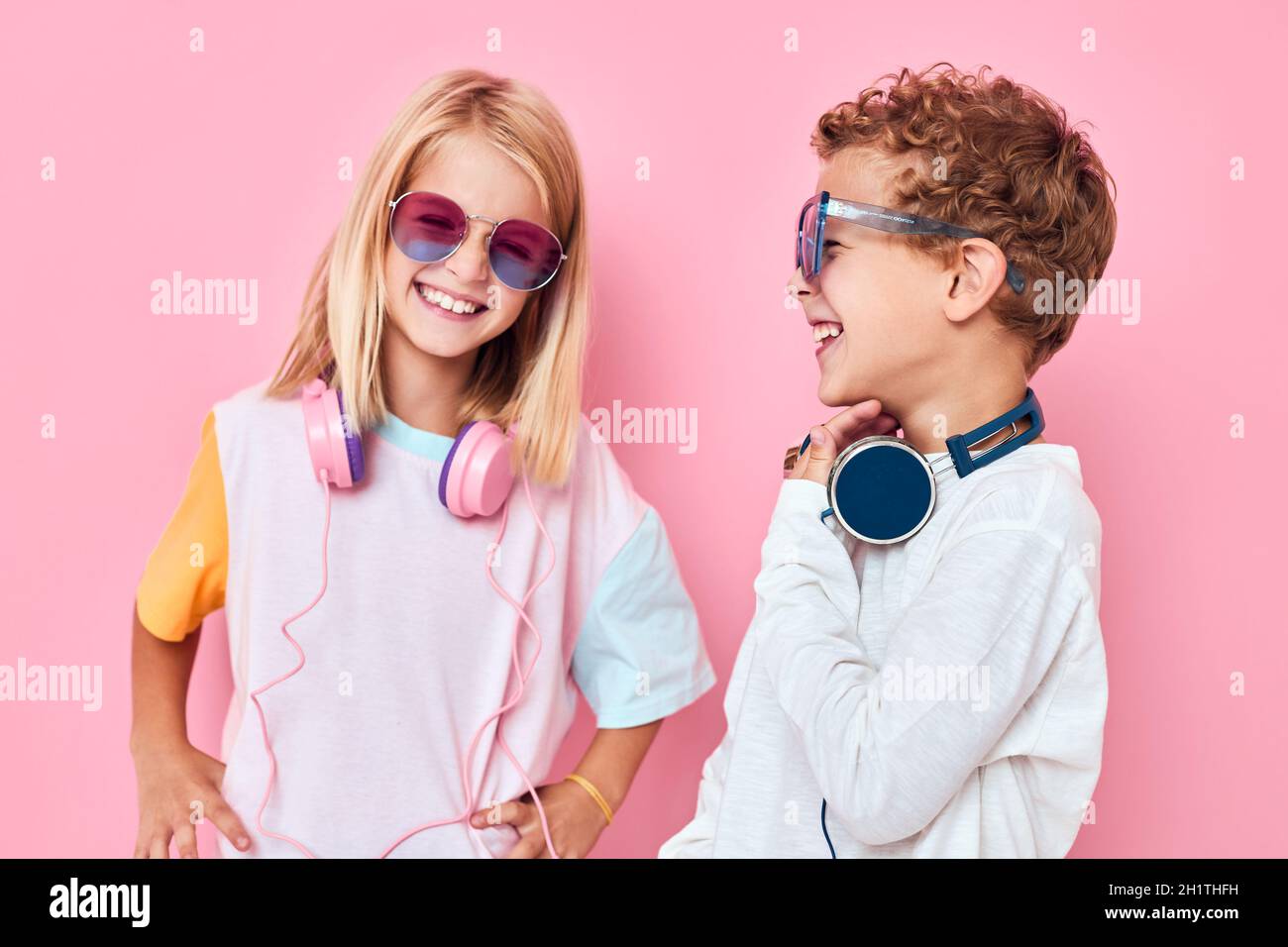 cute smiling kids wearing headphones posing Childhood lifestyle concept ...